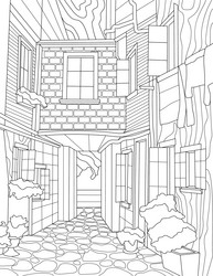 Coloring page with big old house made of stones Vector Image