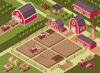 Red barns and haystack in farmland Royalty Free Vector Image
