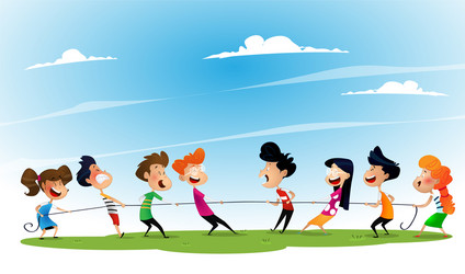 Pull rope cartoon group people compete Royalty Free Vector