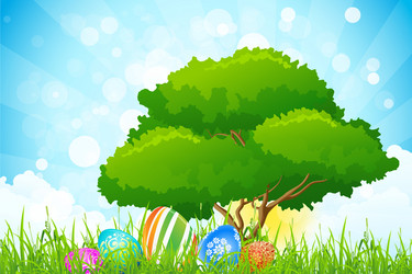 Green tree background with easter eggs Royalty Free Vector