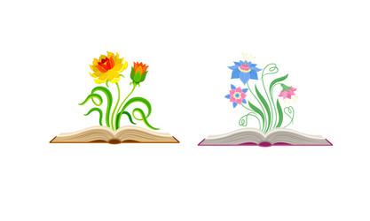 Open book with different fabulous flowers and buds