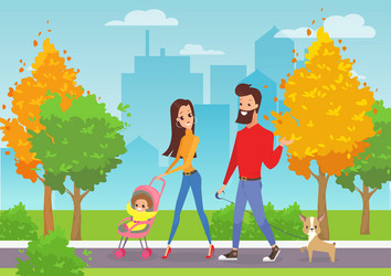 Happy young family with a little dog in park Vector Image