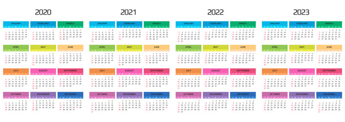 Calendar 2021 2022 2023 2024 2025 2026 2027 2020 Vector Image