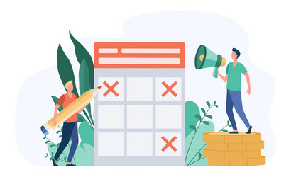 Young man with computer fills schedule calendar Vector Image