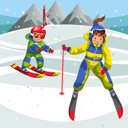 Cartoon instructor showing little child how to ski