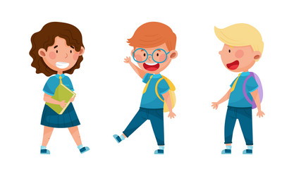 Cute kids in blue school uniform set smiling Vector Image