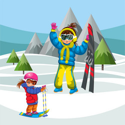 Cartoon instructor showing little child how to ski