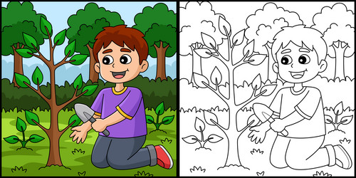 Boy hugging a tree coloring page Royalty Free Vector Image