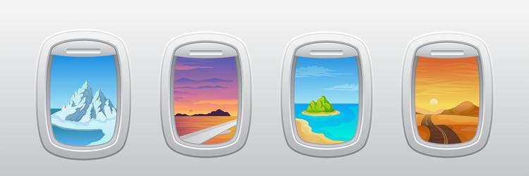 Rounded airplane window with picturesque view Vector Image