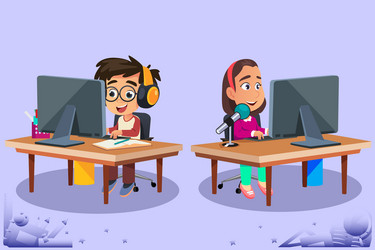 Kids coding at computers cartoon character Vector Image