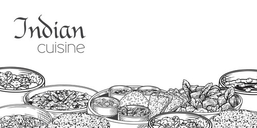 Traditional indian food thali hand drawn line Vector Image