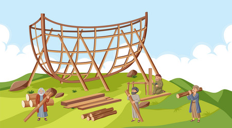 People building wooden boat a cartoon Royalty Free Vector