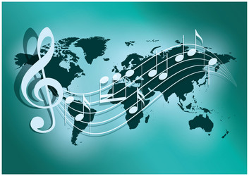 Red background with music notes and striped world Vector Image