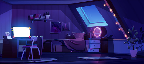 Interior of bedroom with furniture at night Vector Image