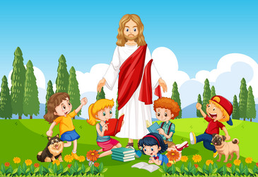 Jesus and children playing celebrating Royalty Free Vector