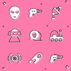 Set ray gun ufo flying spaceship alien Royalty Free Vector