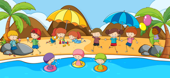 A group volunteer kids cleaning beach Royalty Free Vector