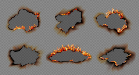 Realistic burn paper borders and holes with fire Vector Image