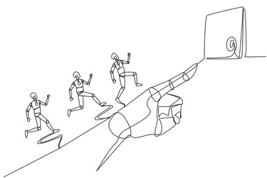 Single one line drawing 3 robots running on giant Vector Image