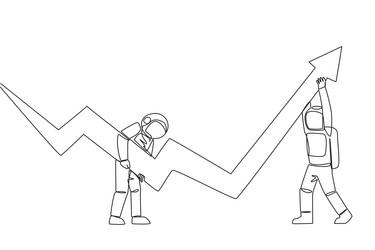 Single one line drawing two astronauts holding Vector Image
