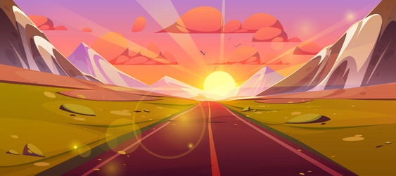 Cartoon nature landscape beautiful sunset at field