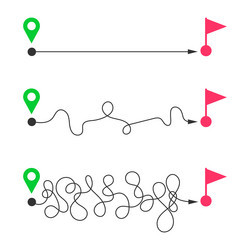 Straight and curved paths from start map pins Vector Image