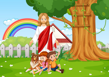 Cartoon jesus with children in a church Royalty Free Vector