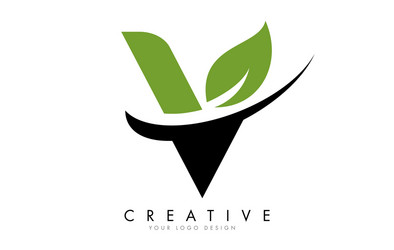 Leaf cut v letter and green background Royalty Free Vector
