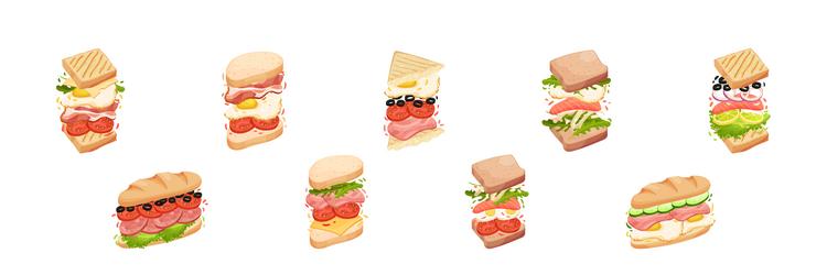 Sandwich with ingredient layers between bread Vector Image