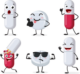 Cute tablets pills and capsules cartoon characters