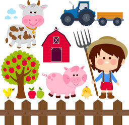 Farmer rides a tractor in barnyard Royalty Free Vector Image