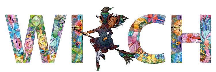 Word witch with silhouette of a witch Royalty Free Vector