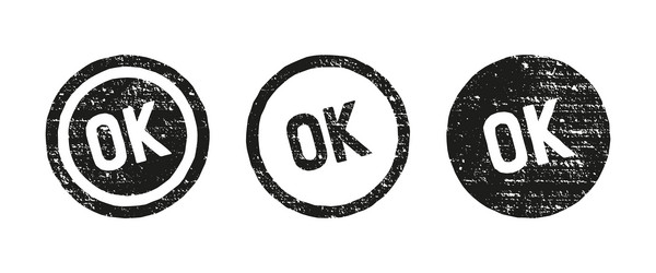 Ok circle stamp set texturised red Royalty Free Vector Image