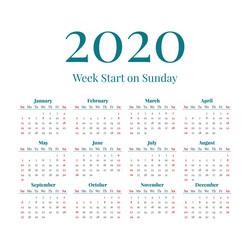 2020 calendar start on monday Royalty Free Vector Image