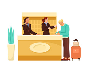 Young woman receptionist speaking phone Royalty Free Vector