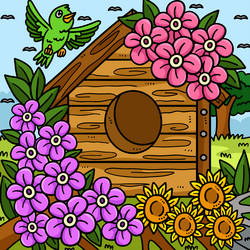 Spring bird house isolated coloring page for kids Vector Image