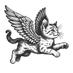 Cat fly with parachute sketch engraving Royalty Free Vector
