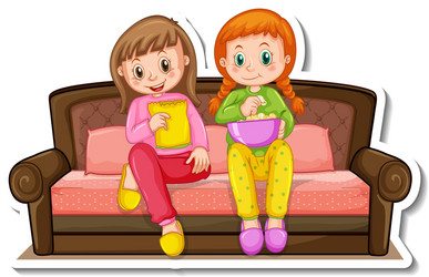A sticker template with girl sitting on sofa Vector Image