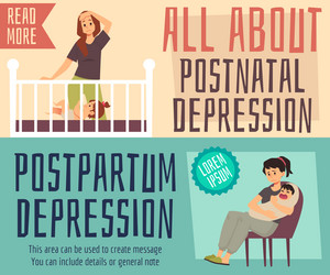 Postpartum depression posters flat set Royalty Free Vector