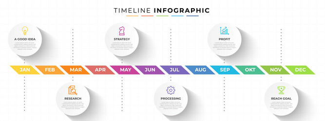 12 months timeline infographic design with 6 steps