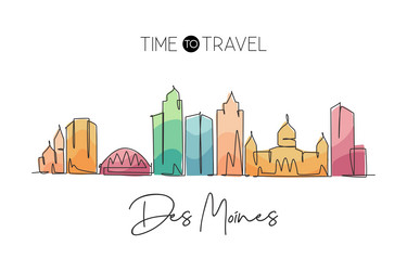 One continuous line drawing of des moines city Vector Image