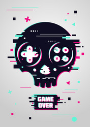 Game over glitchy sign with skull and gamepad Vector Image