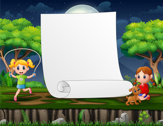 Border template with boys at night landscape Vector Image