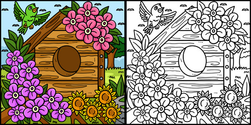 Spring bird house isolated coloring page for kids Vector Image