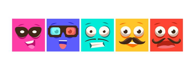 Funny colorful square emoji faces and comic Vector Image