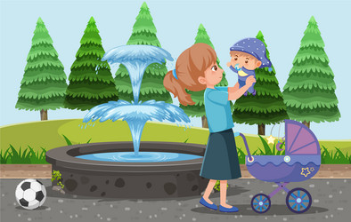 Mother takes her baby from stroller Royalty Free Vector