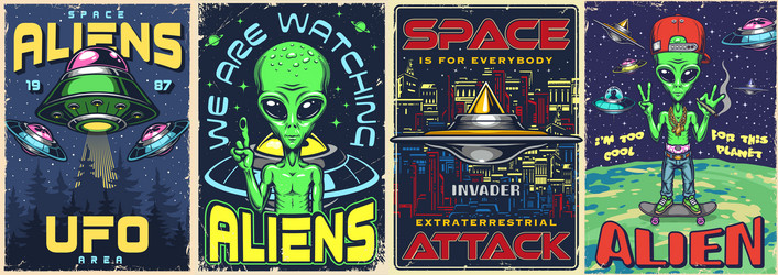 Aliens vintage set logotypes colorful Royalty Free Vector