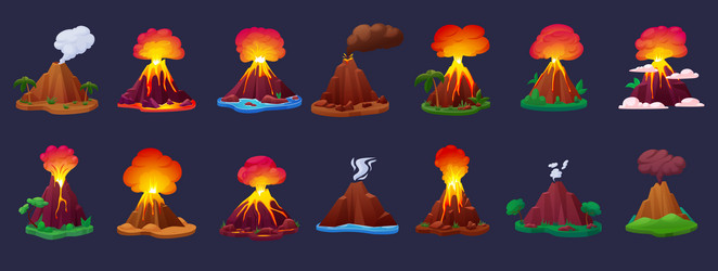 Cartoon volcano elements eruption volcanoes Vector Image