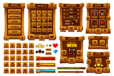 Wooden buttons cartoon interface game ui elements Vector Image