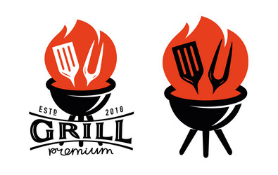 Chill and grill lettering bbq logo on black Vector Image